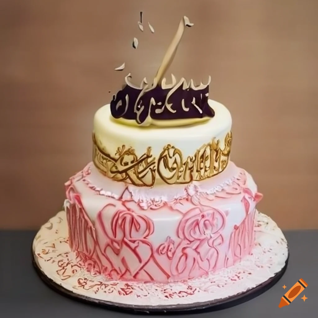Islamic-themed birthday cake with 'barakallah fii umrik' inscription on ...