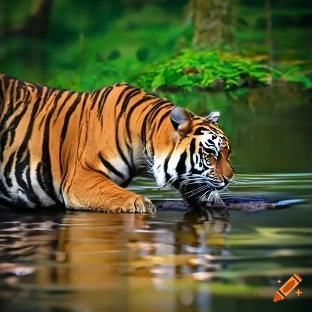 Tiger drinking water near a forest pond on Craiyon