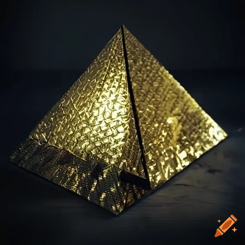 Futuristic spaceship resembling golden interconnected pyramids on Craiyon