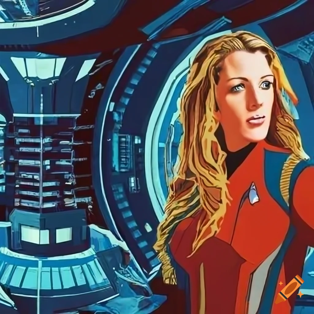 Blake Lively as Starfleet scientist fixing Warp Core Engine in Star Trek Discovery poster on Craiyon