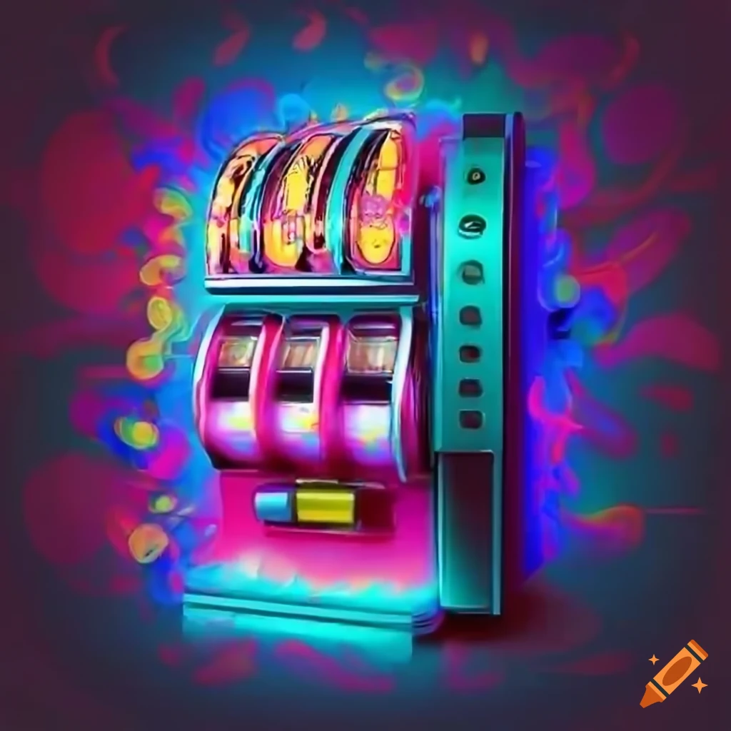 Slot machine bursting with coins in vibrant neon colors on Craiyon