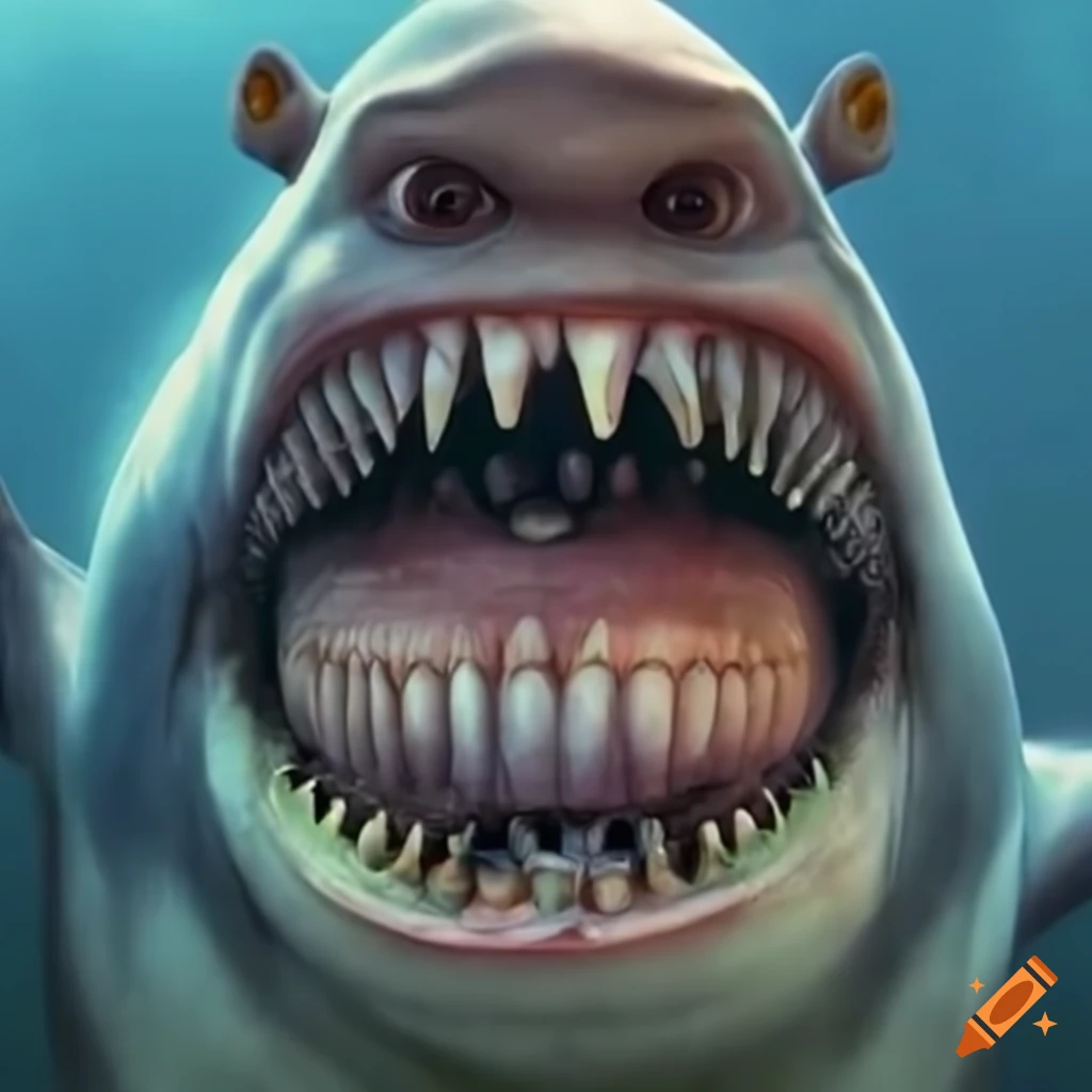 Shrek replacing the shark in a Jaws movie scene on Craiyon