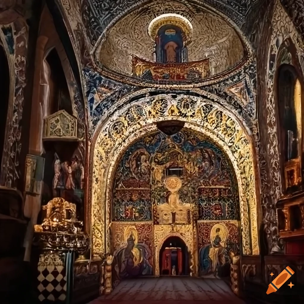 Intricate Orthodox Christian altar in Byzantine mosaic art style on Craiyon