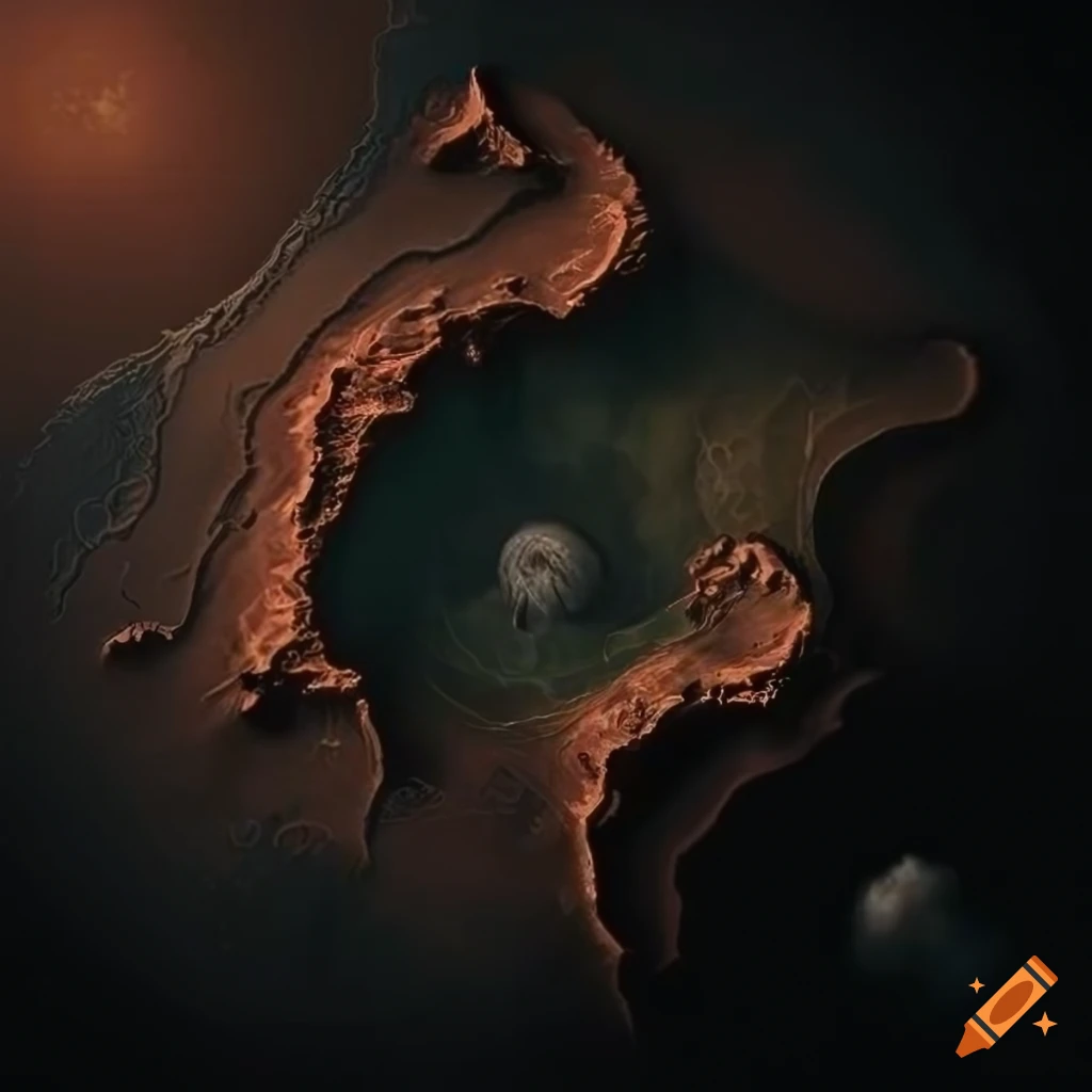 Occult dark fantasy map with black metal archipelago terrain on Craiyon