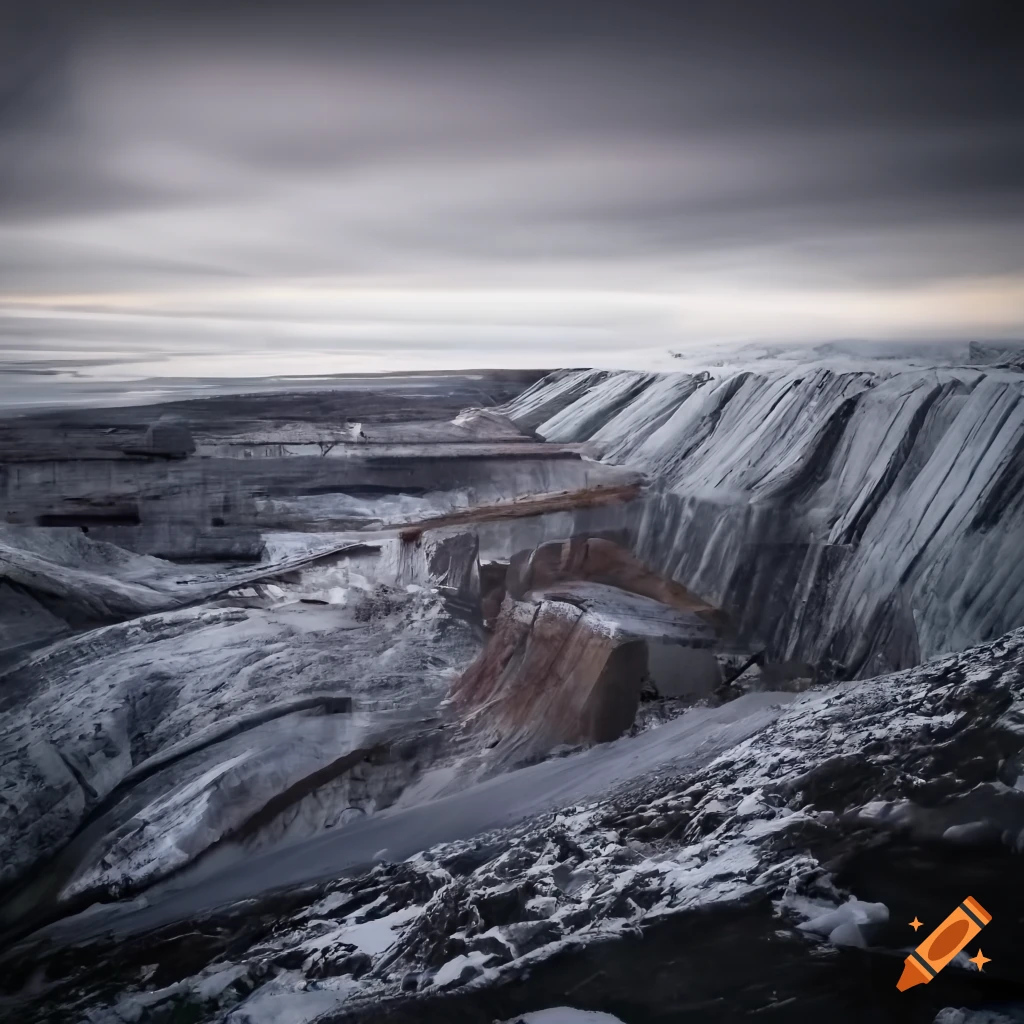 Abandoned open-pit mine under gray sky with patches of snow on Craiyon