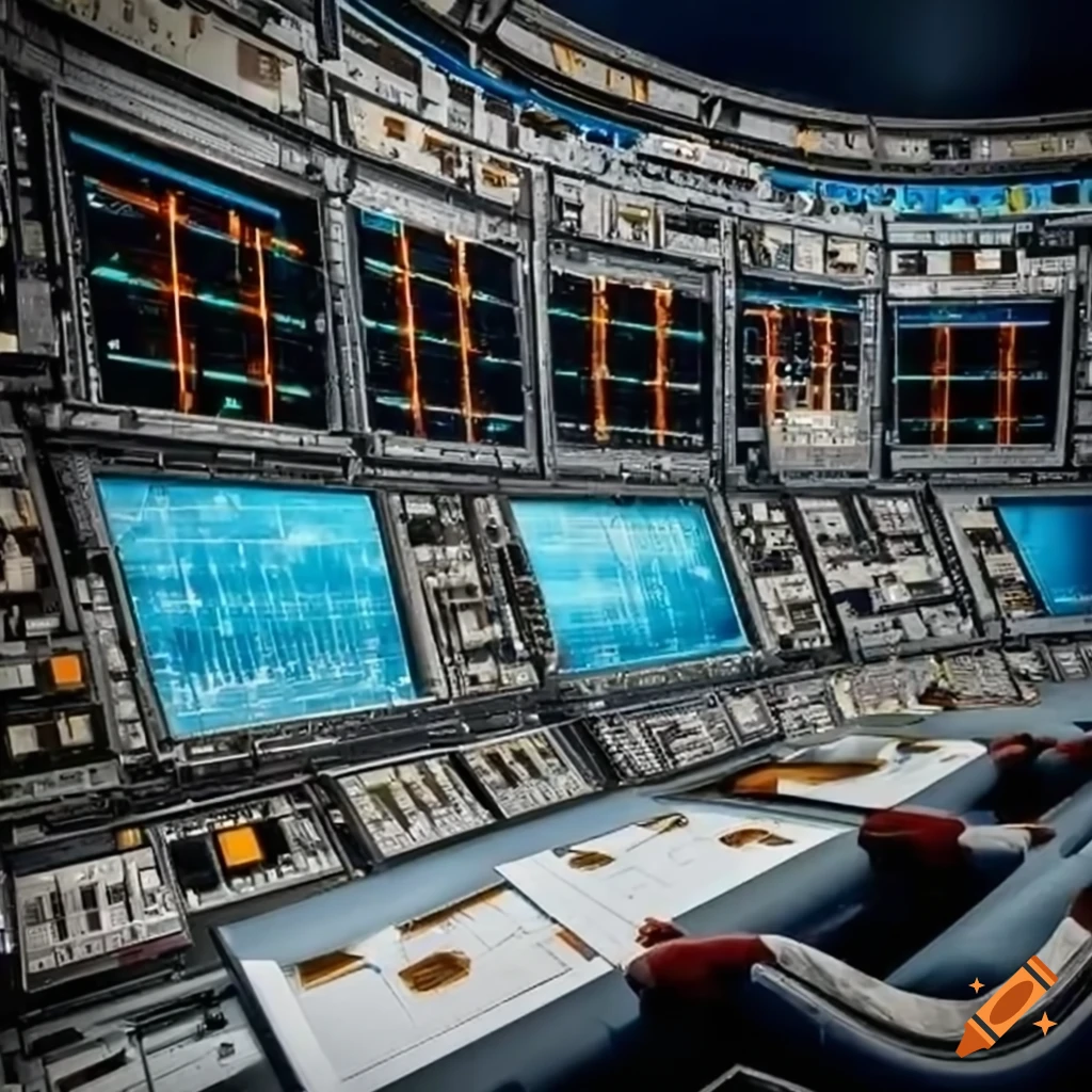 Retrofuturistic space flight control room with large displays and ...