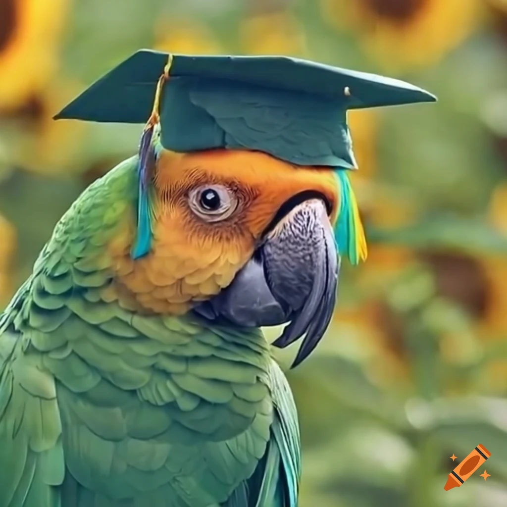 Parrot wearing a graduation cap in a sunflower field on Craiyon