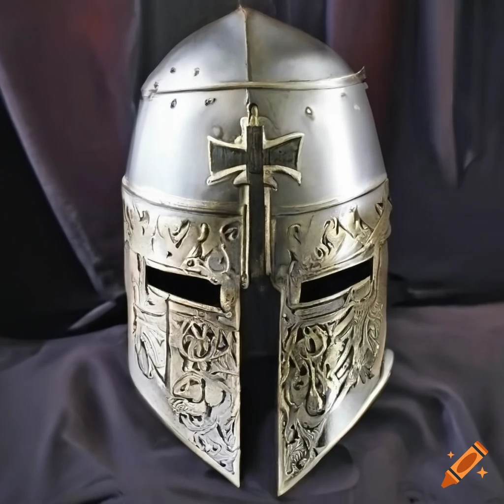 Antique Teutonic knight helmet with masonic symbols on Craiyon