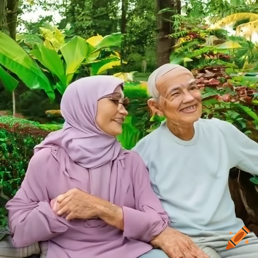 Elderly muslim couple smiling in a beautiful garden on Craiyon