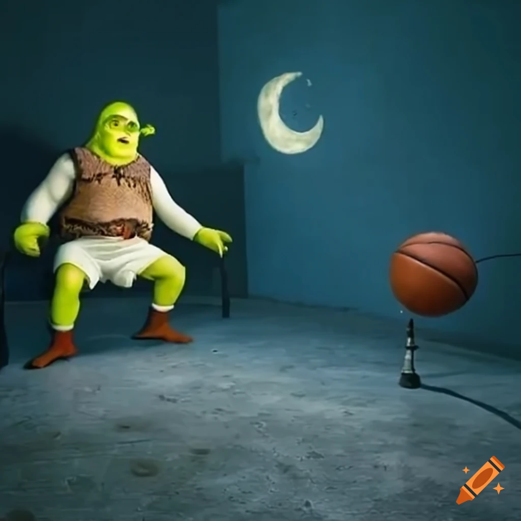 Shrek chicken playing basketball with donkey and SpongeBob on the moon ...