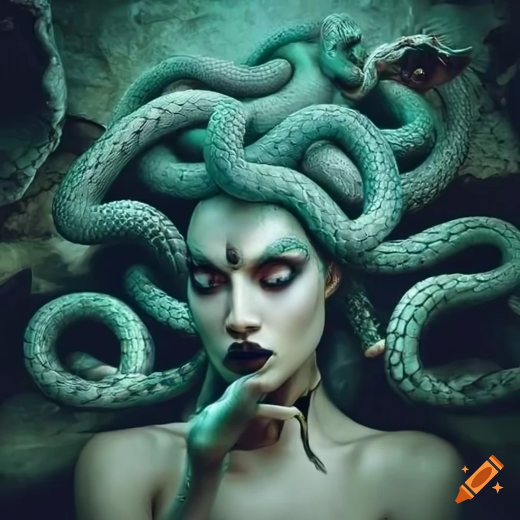 Mythical and friendly-looking medusa with a snake body in a cave on Craiyon