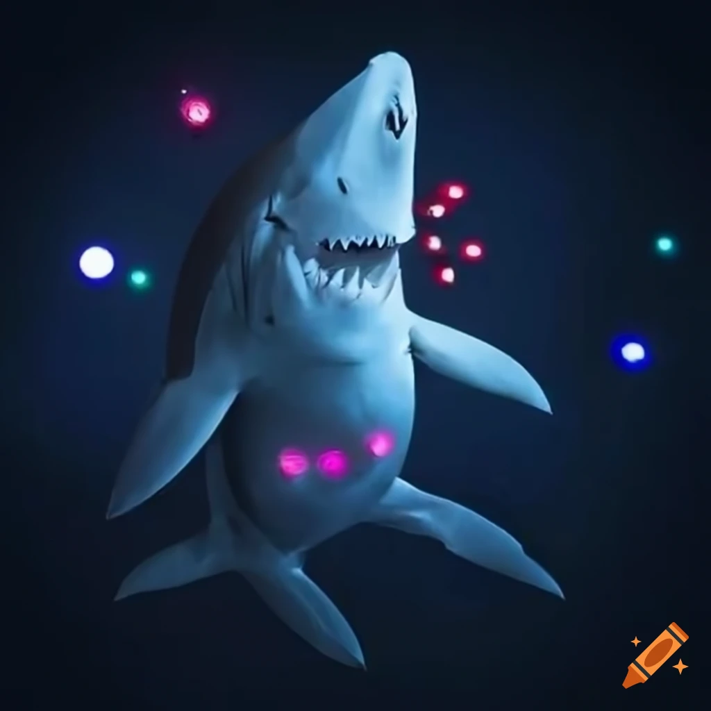 Man in shark costume surrounded by glowing balls on Craiyon