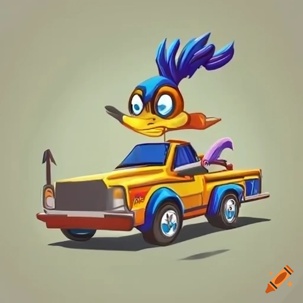 Cartoon roadrunner driving a tow truck on Craiyon