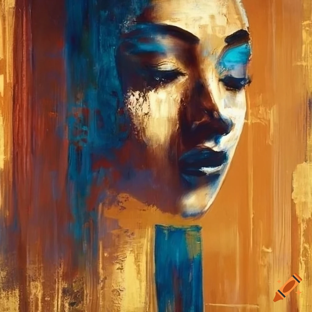Abstract expressionism featuring a woman in gold, blue, and brown tones ...
