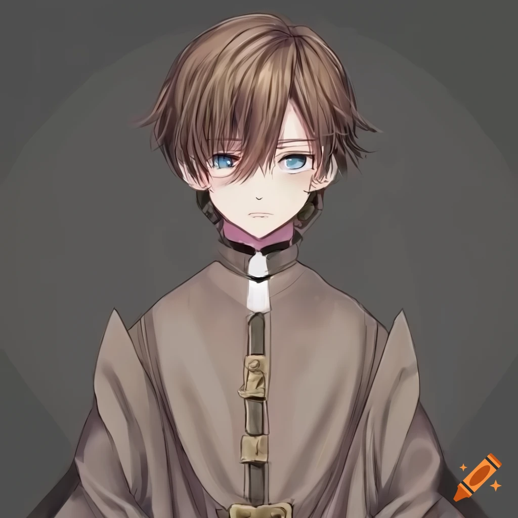 Serene anime boy in priest garb with introspective pose, brown hair and ...