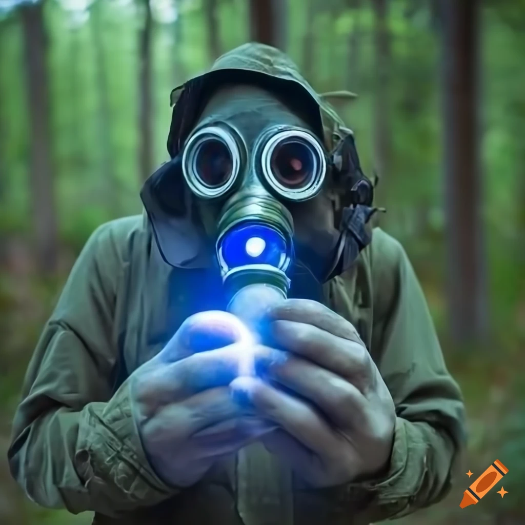 Man in gas mask and military gear holding a glowing blue orb in forest ...