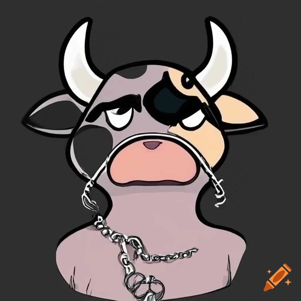 Cartoon goth cow with anxiety and long black hair covering one eye on ...