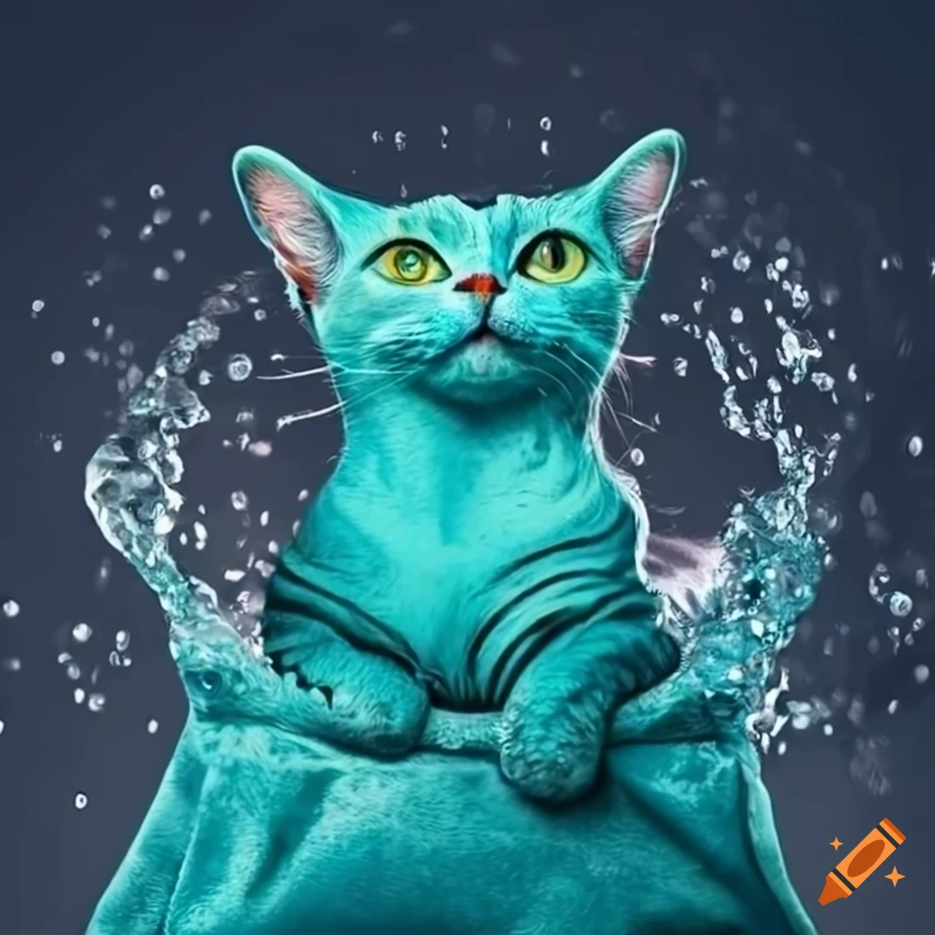 Turquoise cat with fangs and mermaid tail in water-filled bag on Craiyon