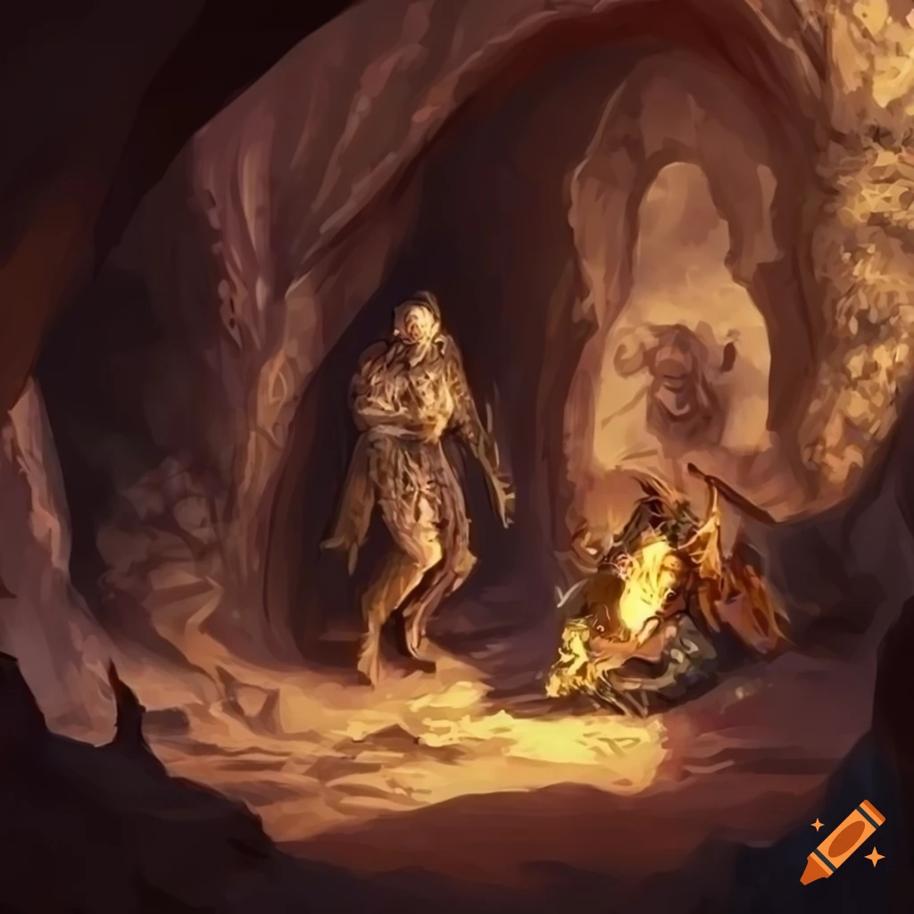 Adventurers looting dragon's corpse in a cave in fantasy scene on Craiyon