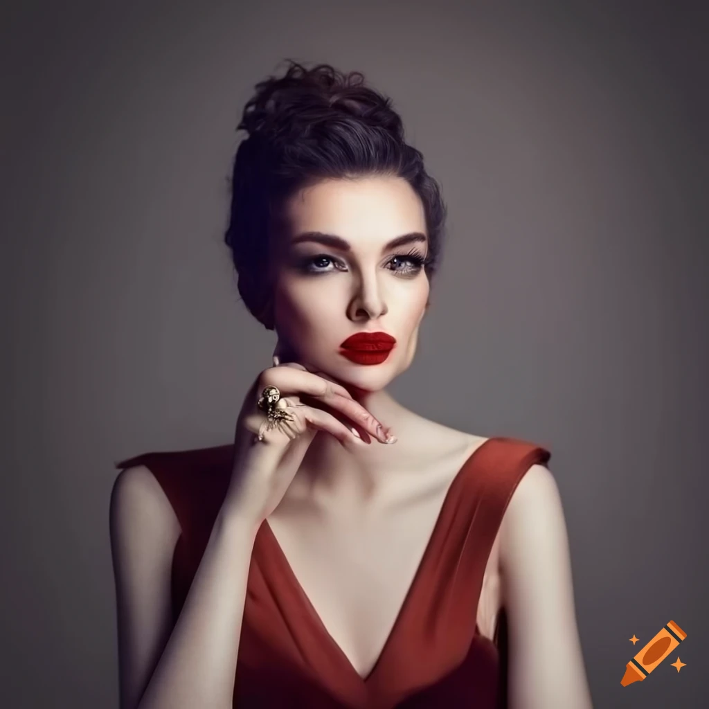 Sophisticated French intellectual woman in elegant dress and makeup on ...