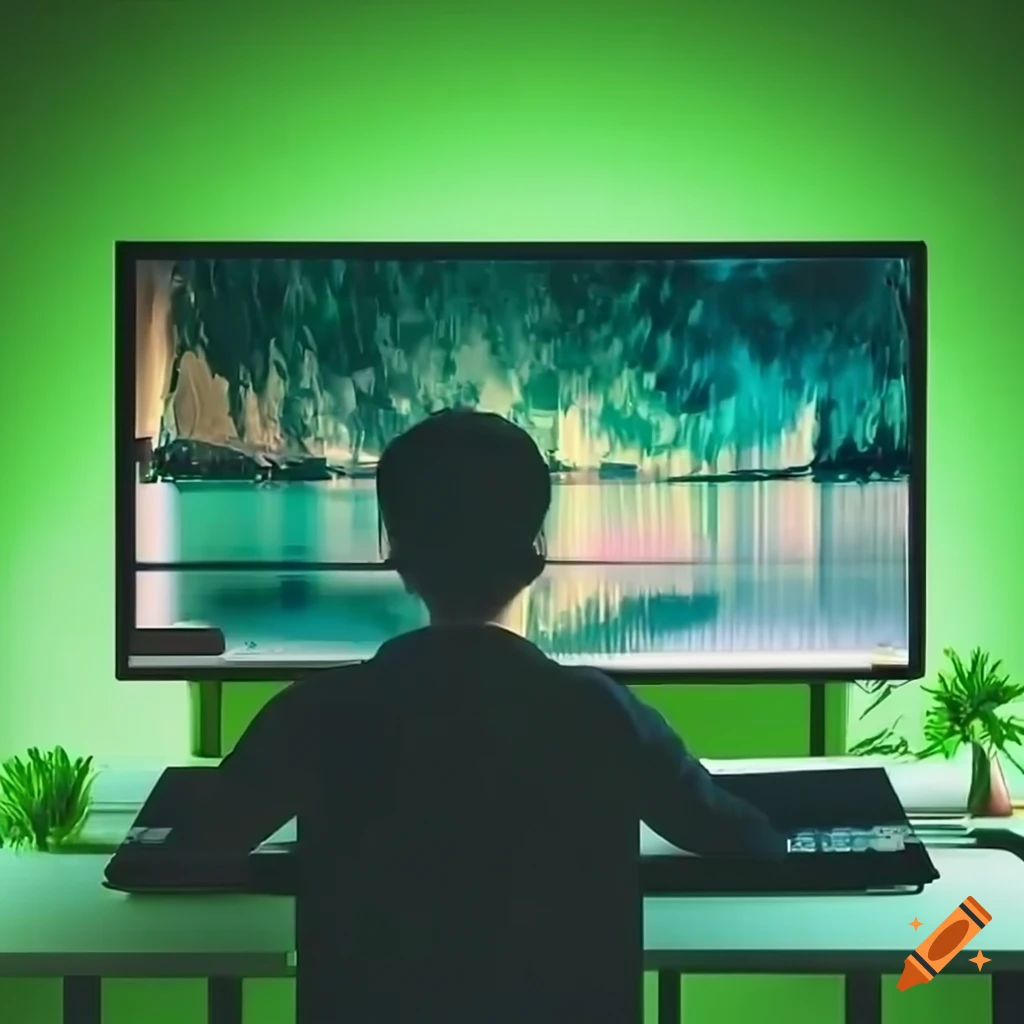 Man editing video on computer in digital art style setting with green ...
