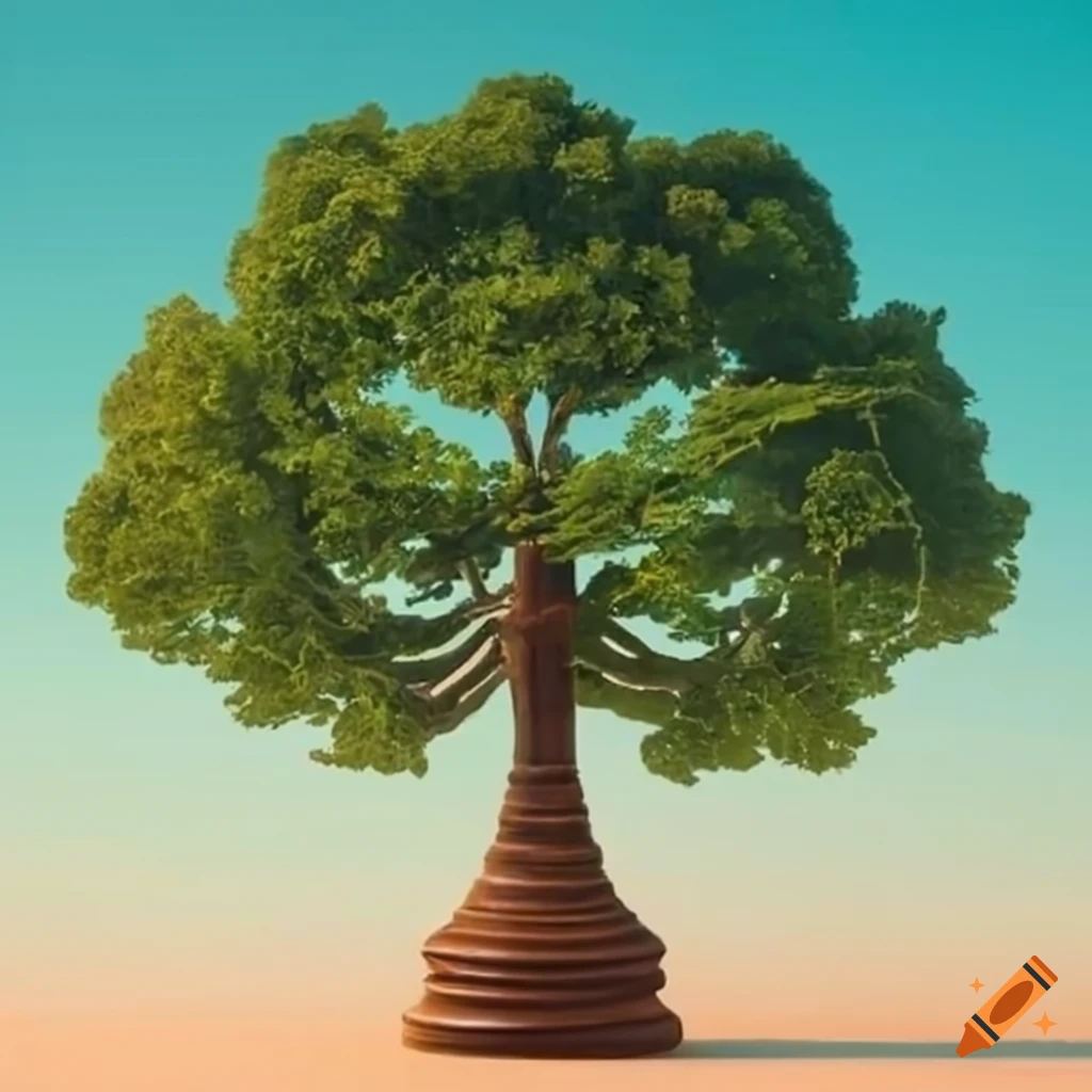 Colossal oak tree with giant branches yielding a wooden chess piece as ...