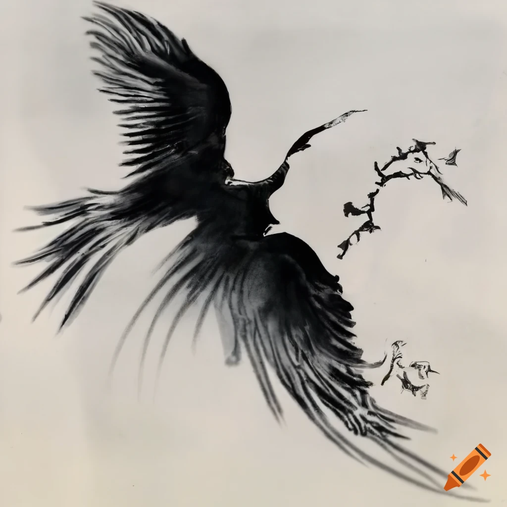 Chinese ink painting of a phoenix flying in the sky on Craiyon