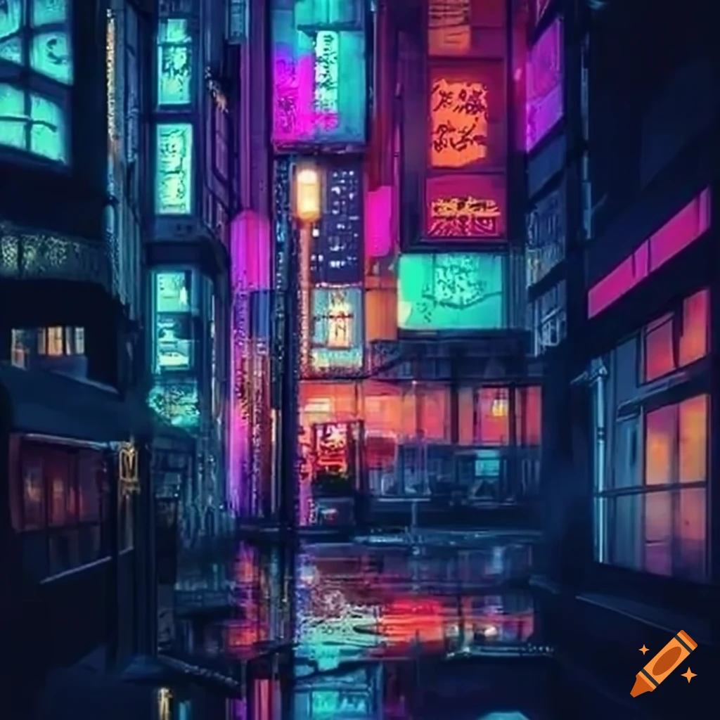 Tokyo cityscape on a rainy night with neon lights on Craiyon