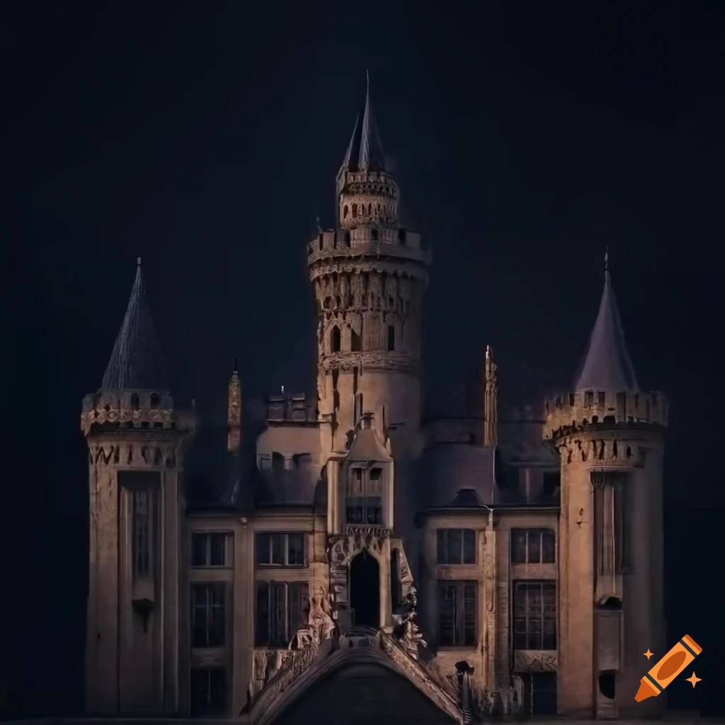 Luxurious fantasy castle with a sharply pointed roof and grand ...