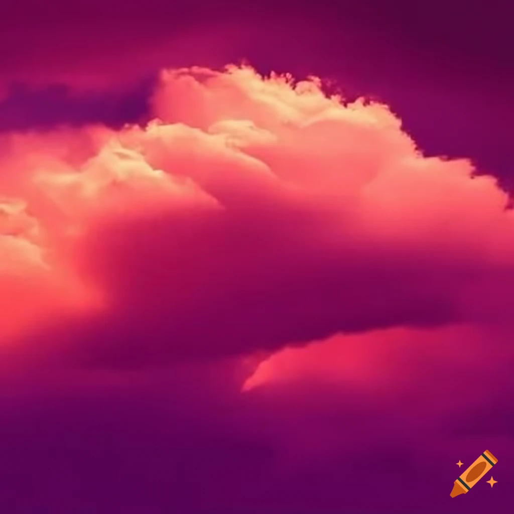 Hot pink puffy clouds in the sky from a backyard view on Craiyon