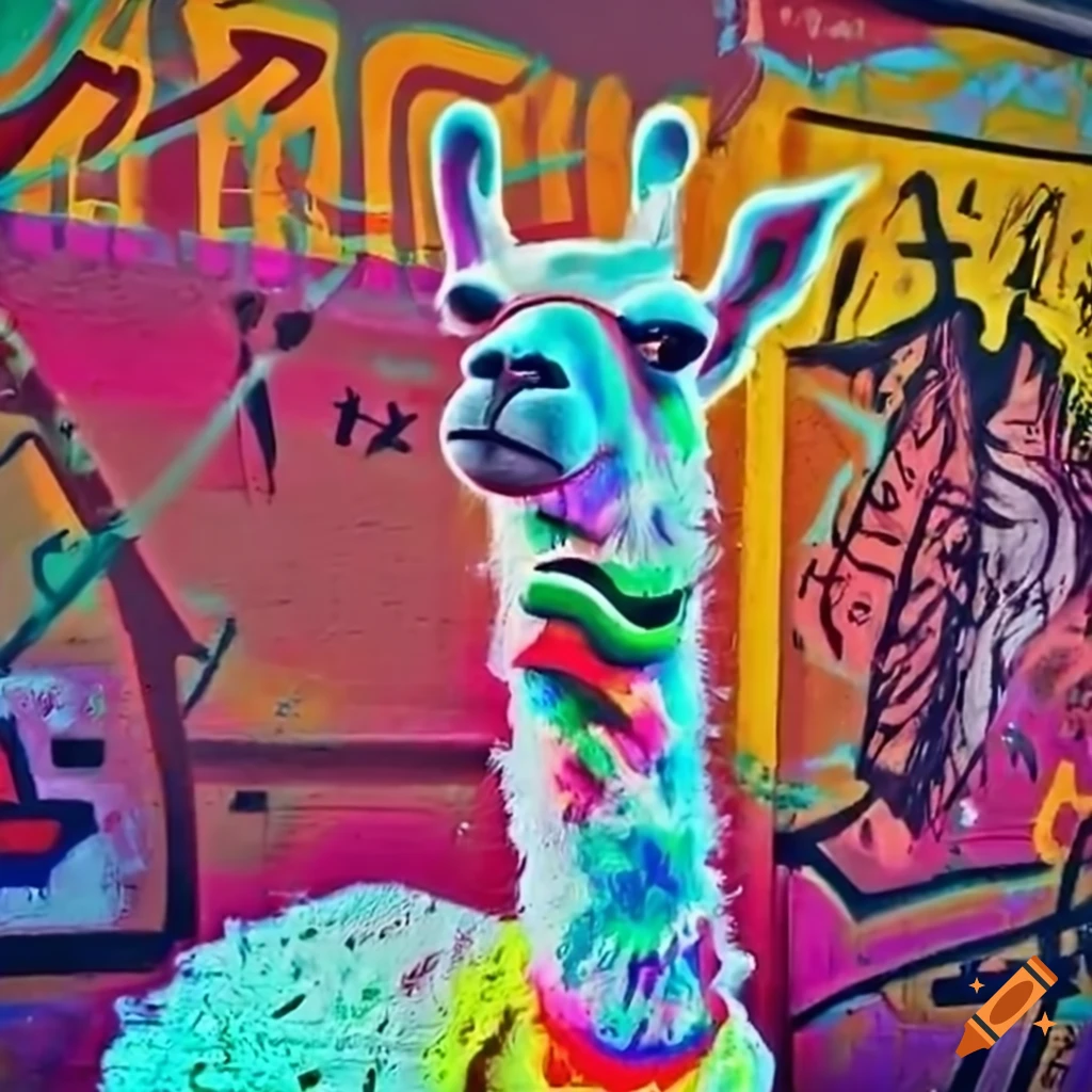 Llama spray-painting graffiti on an urban building on Craiyon