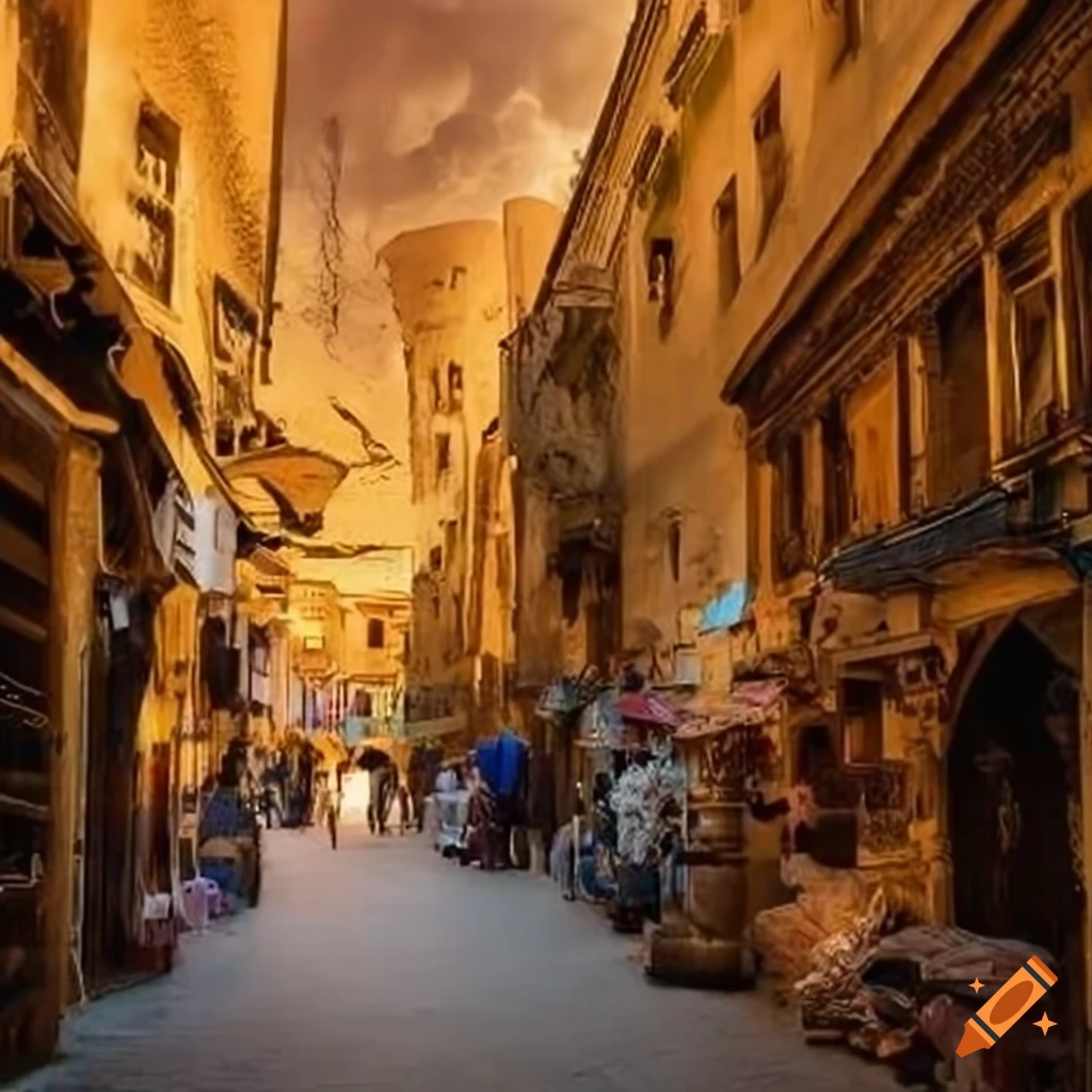 Vibrant streetscape with markets and ancient architecture in ...