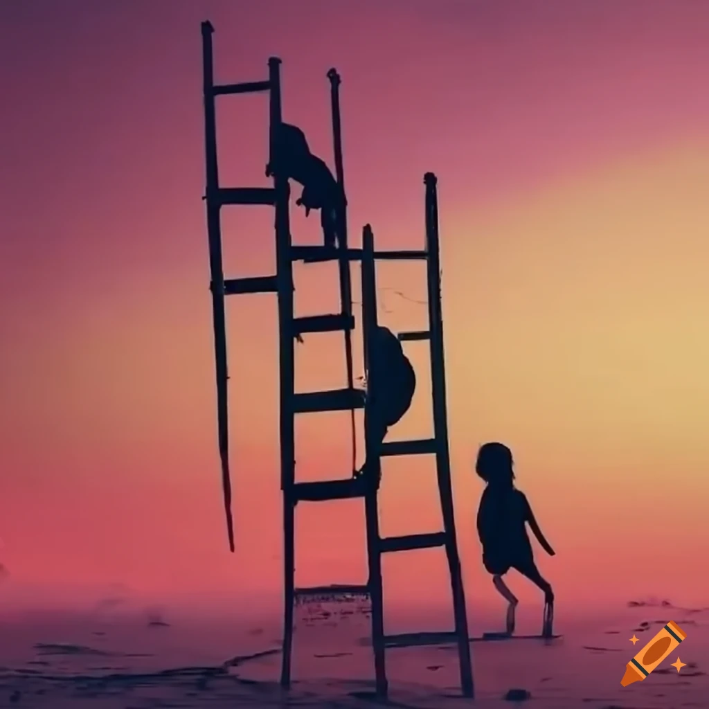Children on tall ladders in a post-apocalyptic sunset landscape on Craiyon