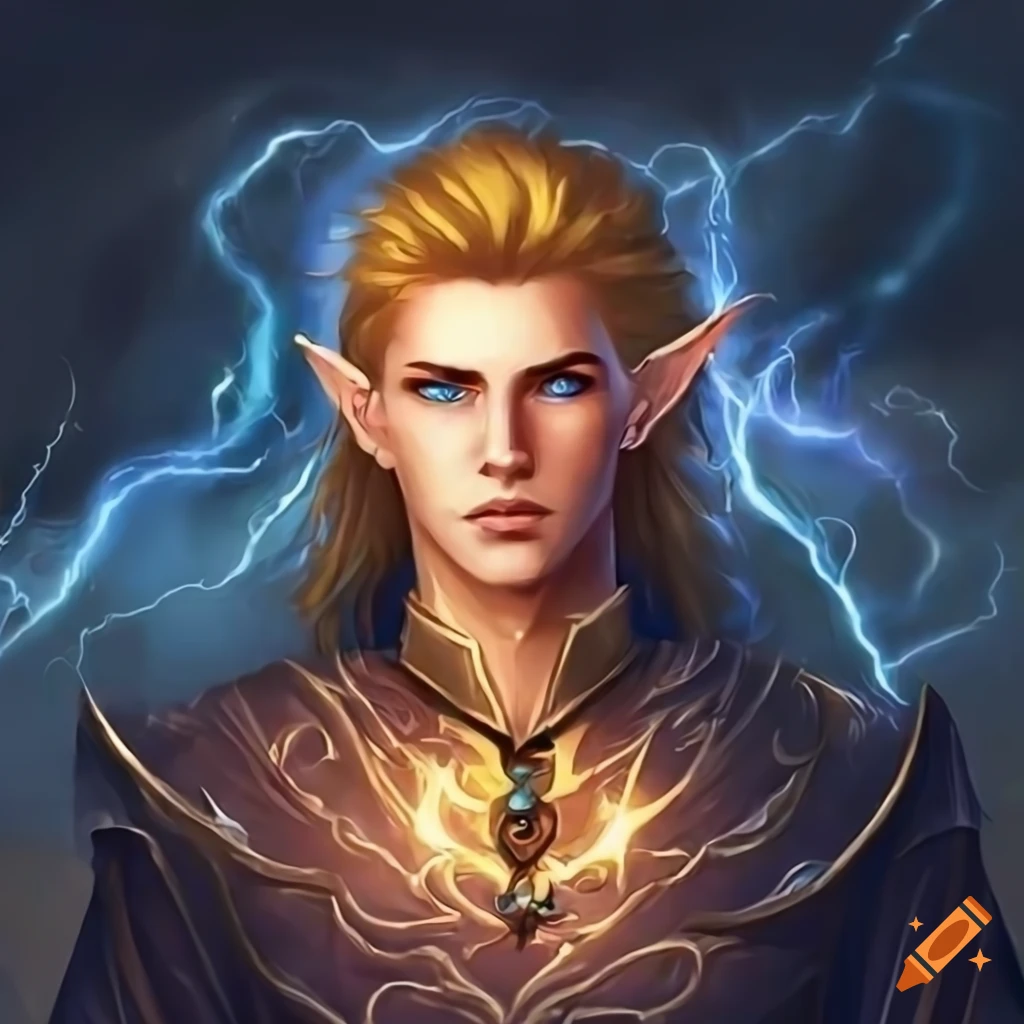 Handsome male elven mage casting elemental magic on Craiyon