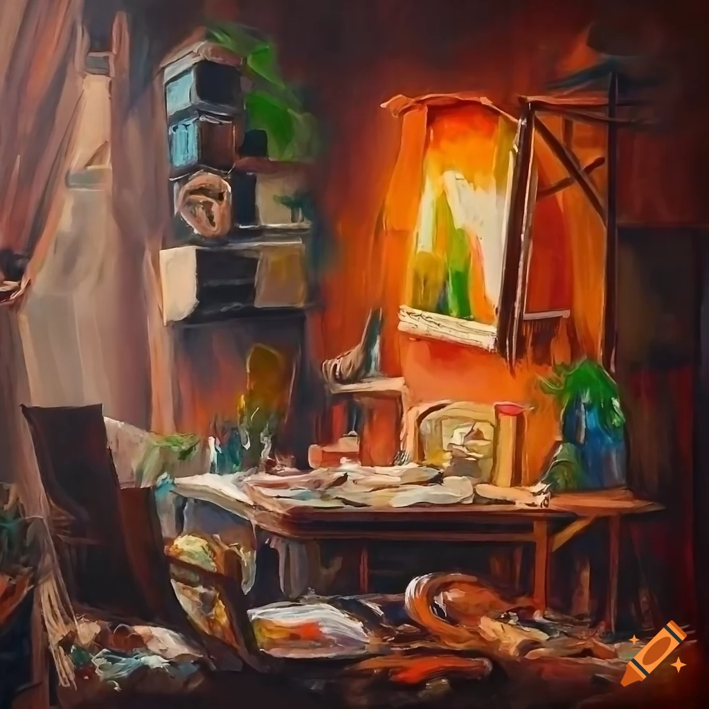 Artist's messy room with clothes, pencils, paint brushes, and plants on ...