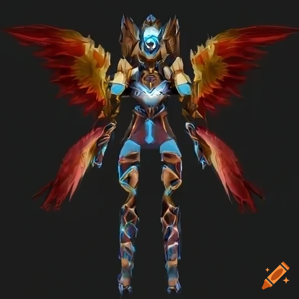 Stylized valkyrie power armor with a rainbow plasma phoenix design on ...