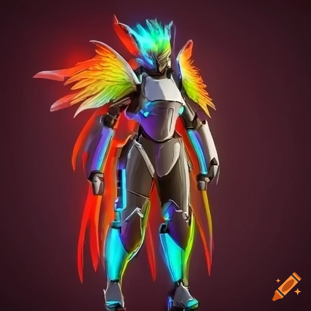 Stylized valkyrie power armor with a rainbow plasma phoenix theme on ...