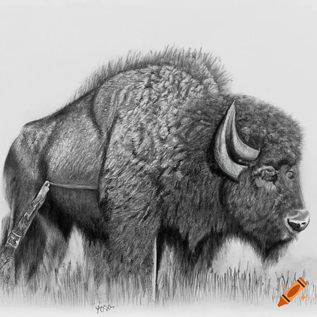 Graphite pencil drawing of a black-haired bison grazing in a savanna on ...
