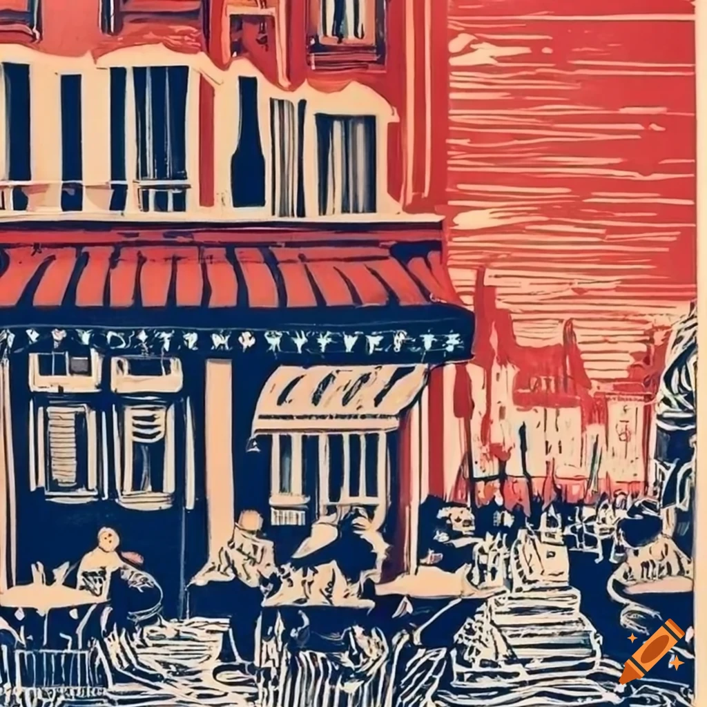 Detailed linocut print of a Parisian café scene with French flags and ...