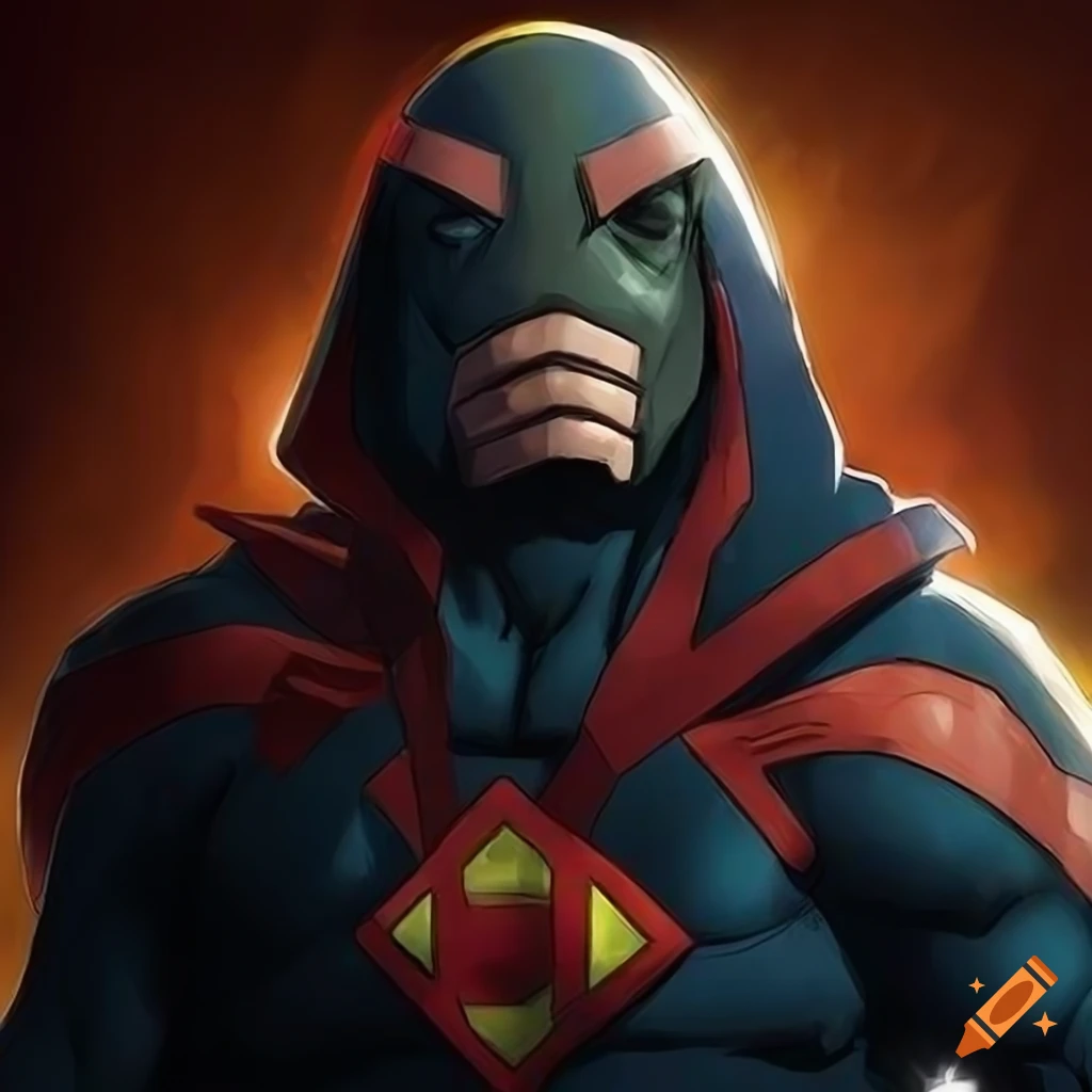 Strong superhero with chest symbol in stunning comic art style on Craiyon