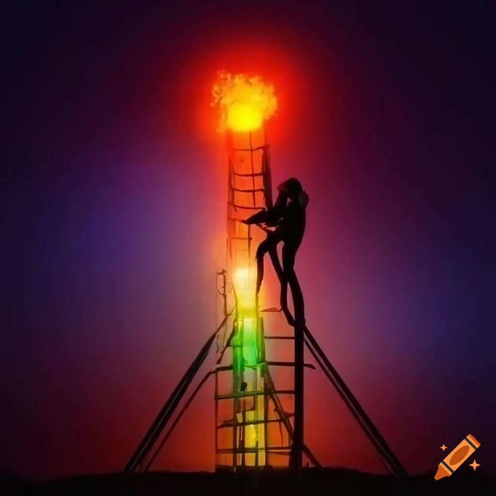 Children climbing ladders to see a magical sunset with colorful lights ...