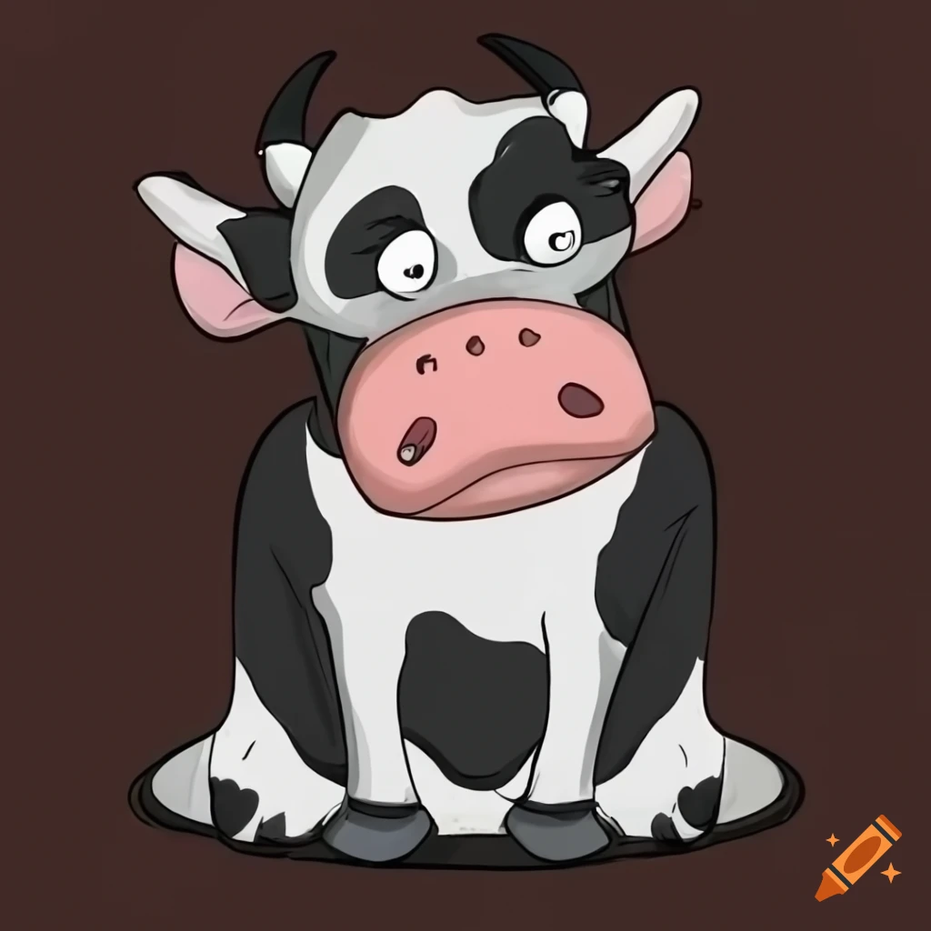 Cartoonish goth cow with anxiety and black hair covering one eye on Craiyon