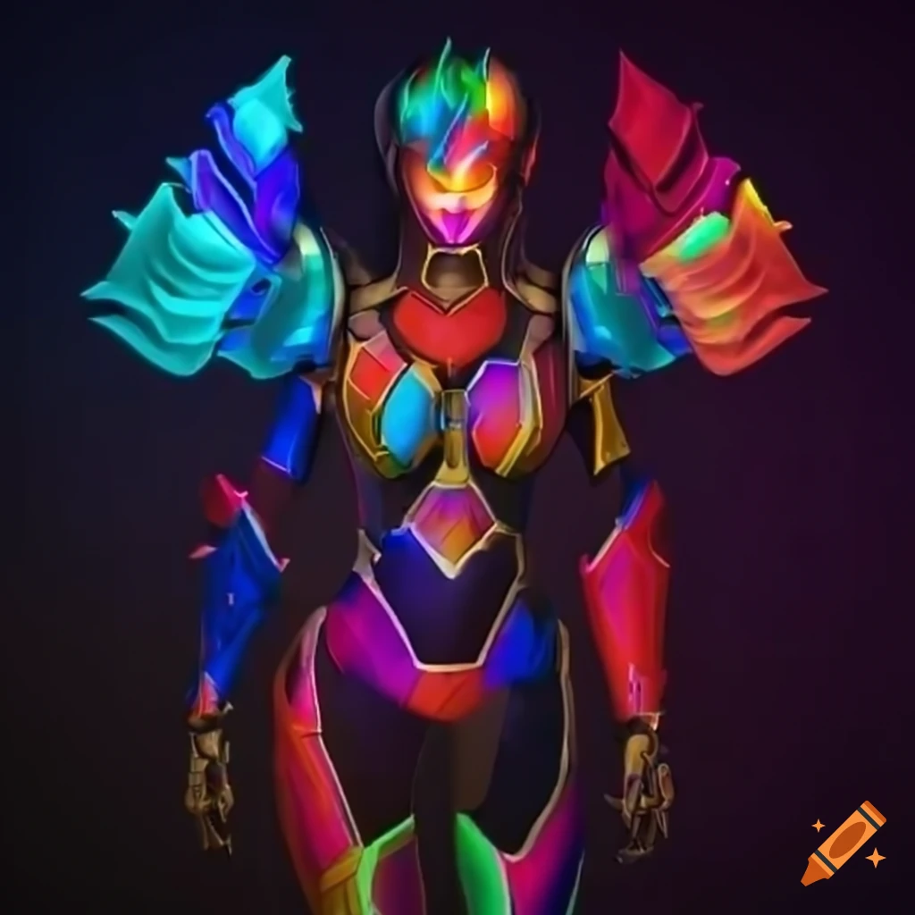 Stylized valkyrie power armor with rainbow plasma phoenix design on Craiyon