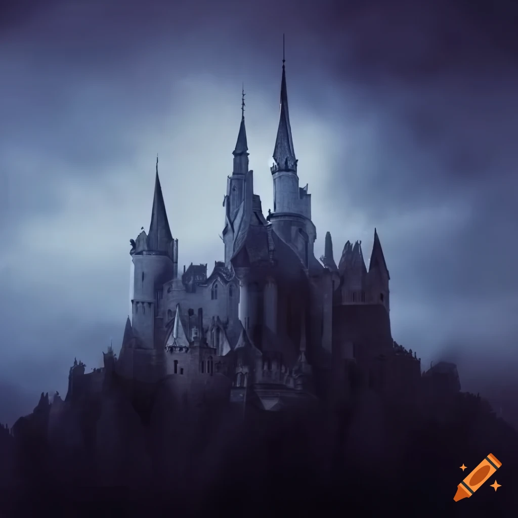 Luxurious fantasy castle with a sharply pointed roof and grand ...