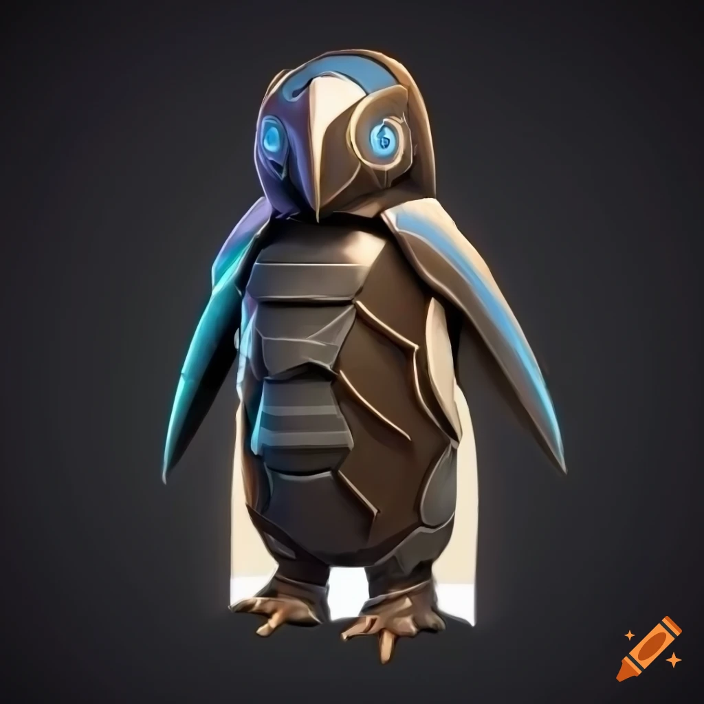 Stylized cybernetic penguin armor with intricate design on Craiyon