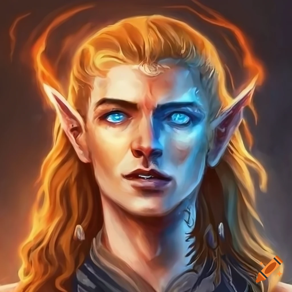 Handsome male elven cleric casting elemental magic in an oil painting ...