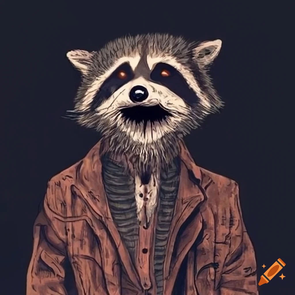 Spooky image of a bearded man in a raccoon suit on Craiyon