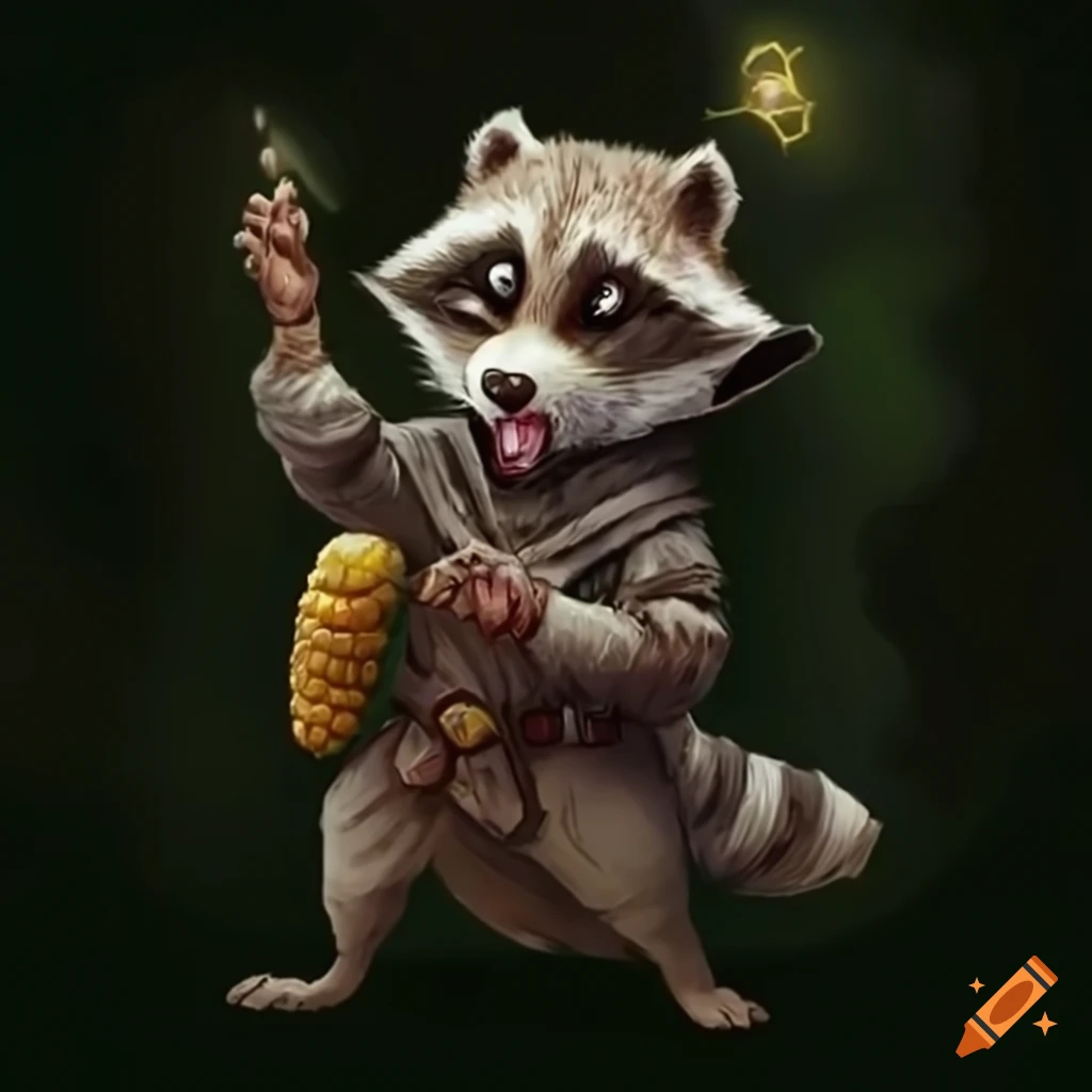 Dnd mage raccoon fascinated with corn on the cob on Craiyon