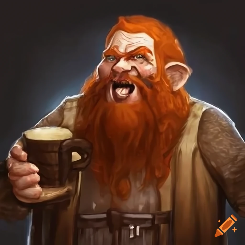 Laughing bearded dwarf with ginger hair drinking ale on Craiyon