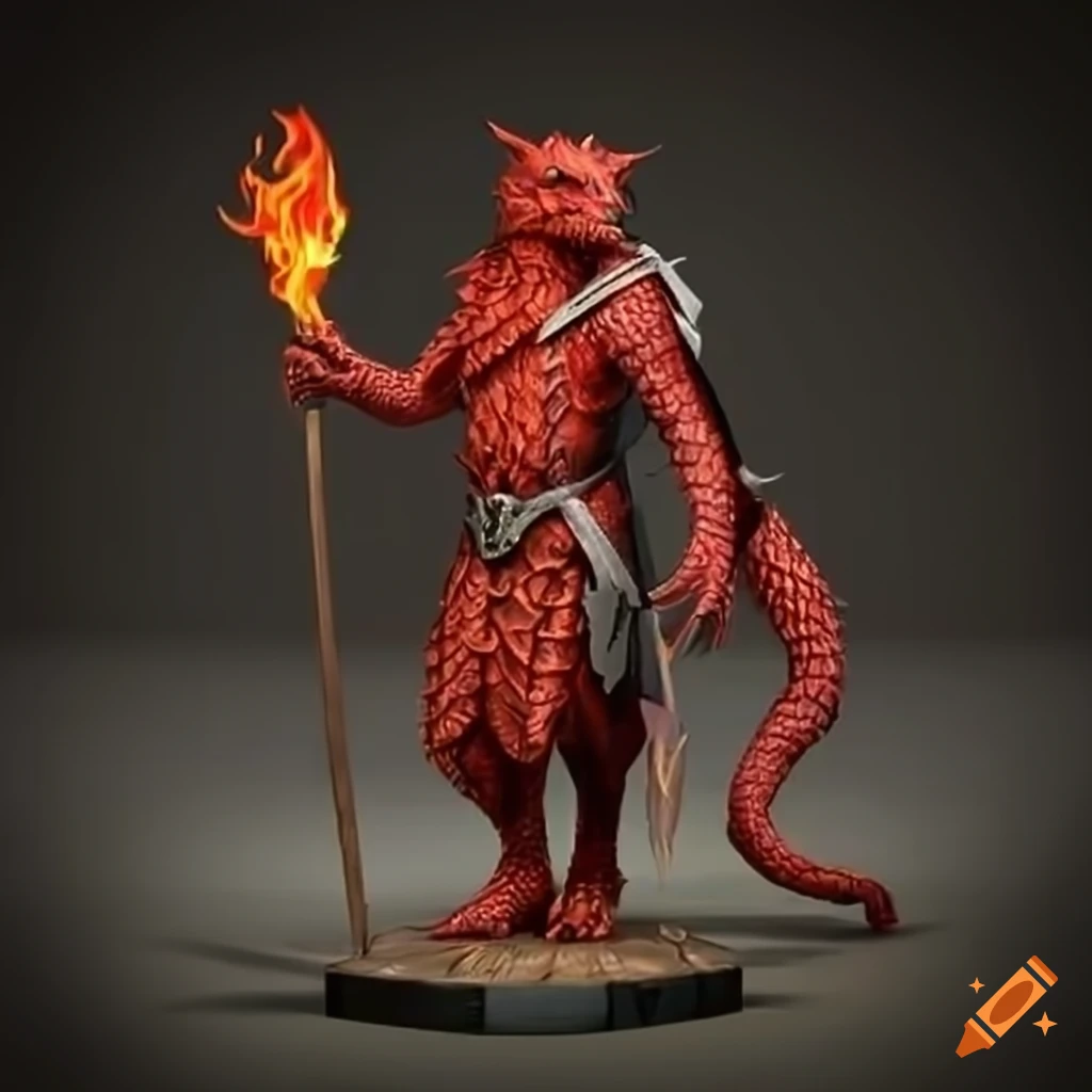 Medieval red dragonborn warlock with fiery red scales holding a wooden ...